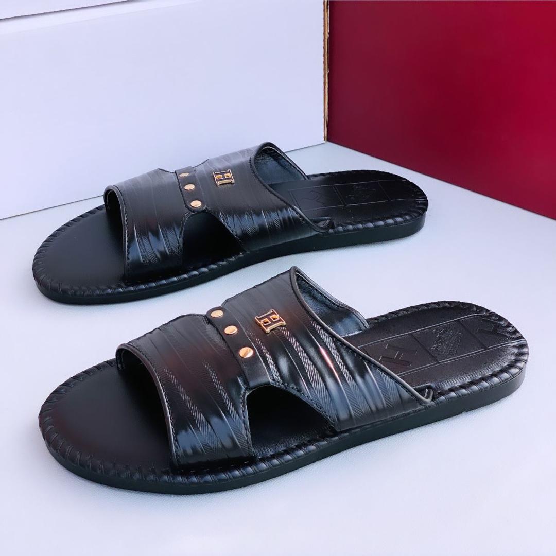 Black Polished Leather Slides Casual In Ghana | Shopwice